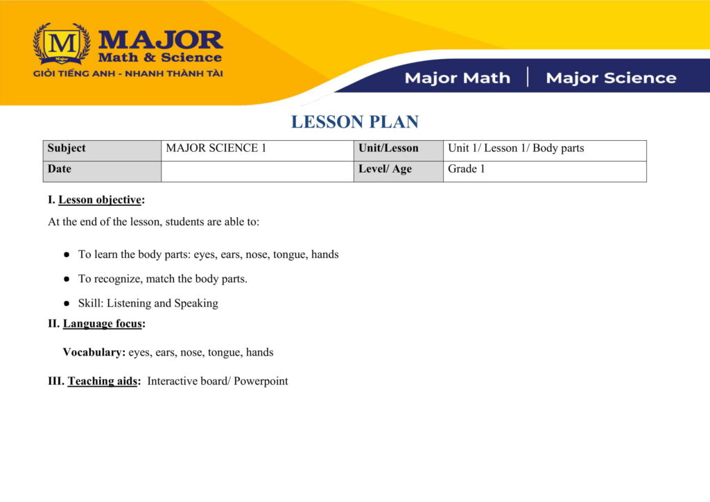 Lesson Plans - Major Science Grade 1